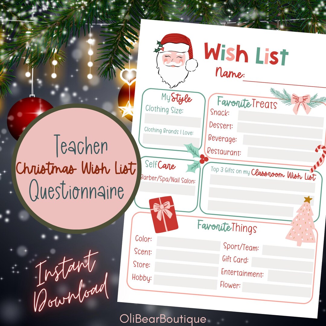 Teacher Printable Christmas Wish List, Teacher Questionnaire (digital ...
