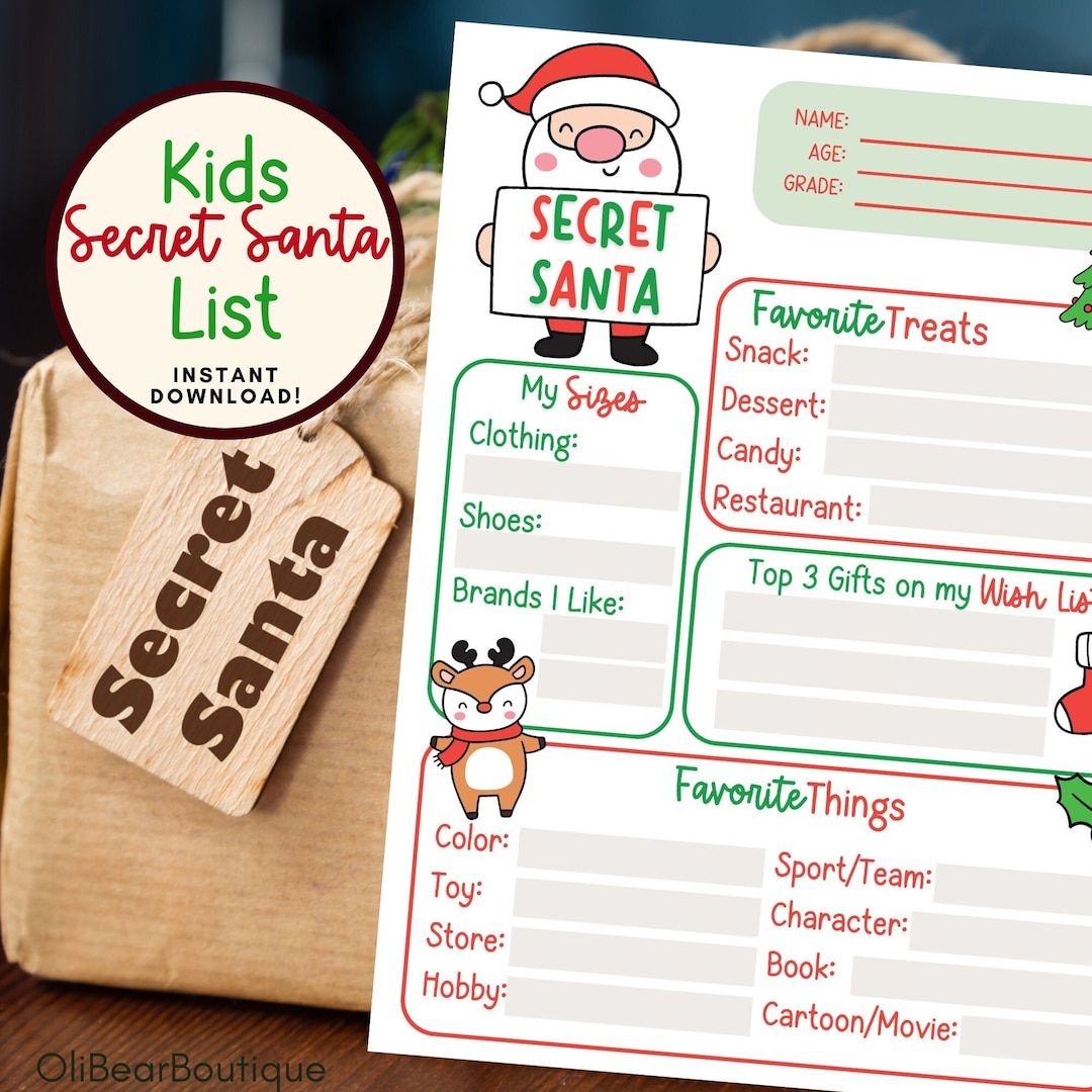 Kids Secret Santa List, Secret Santa Questionnaire for Kids, Secret ...