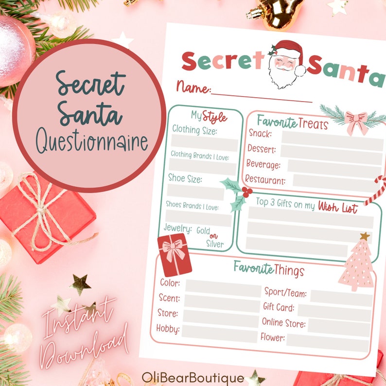 Christmas Secret Santa Questionnaire, Printable Wish List (digital ...