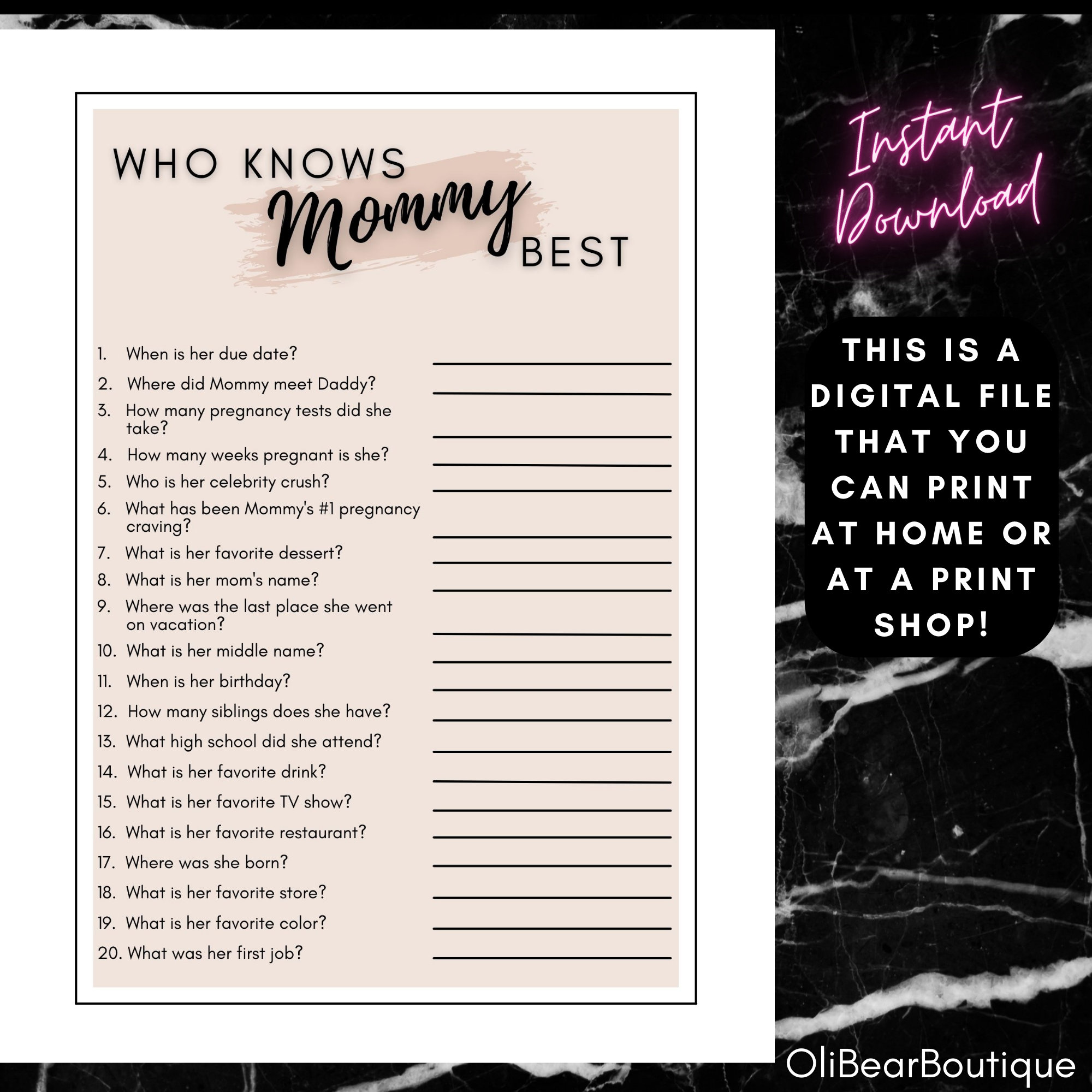 Baby Shower Game Who Knows Mommy Best Baby Shower Game | Etsy