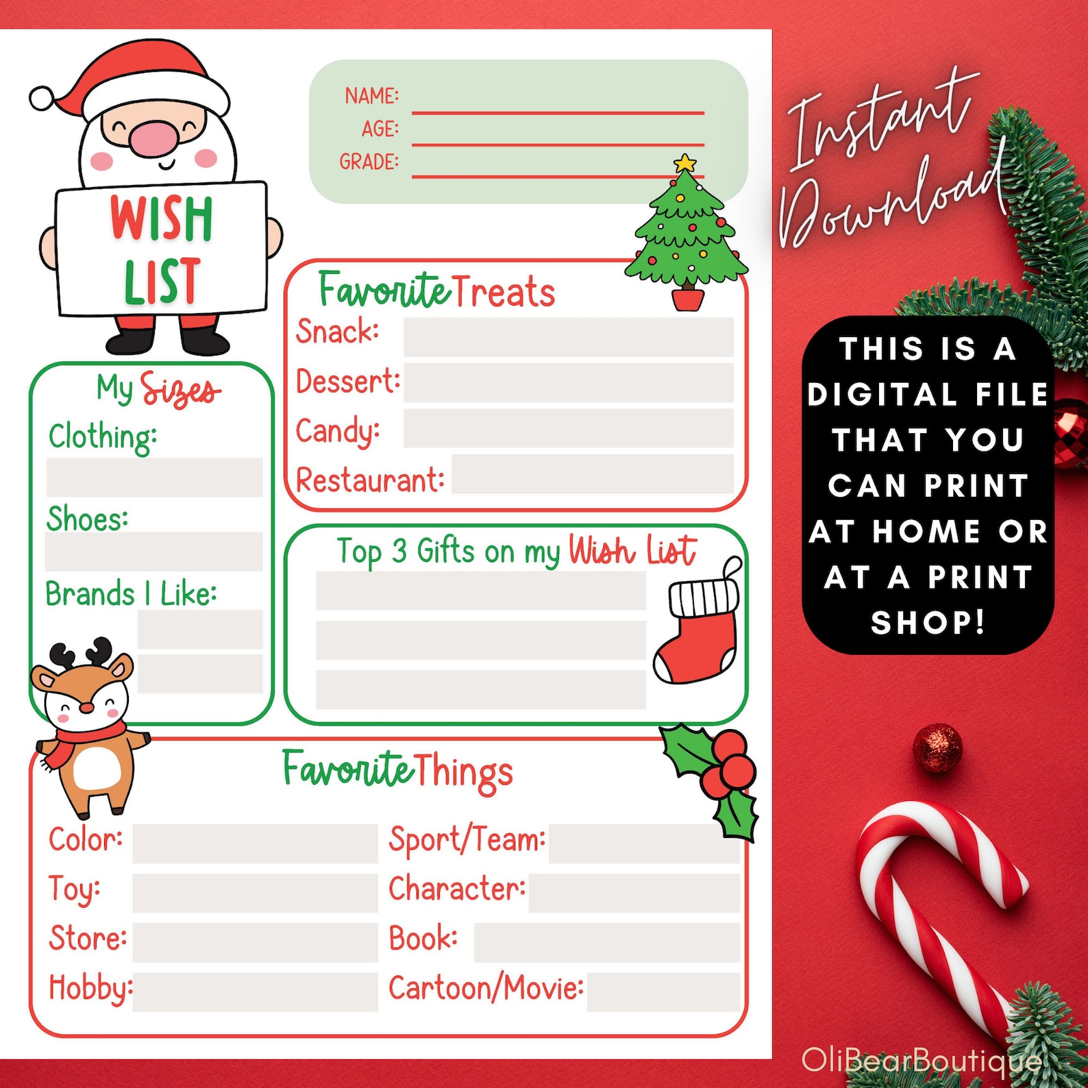 Kids Christmas Wish List Printable, Holiday Questionnaire (digital ...