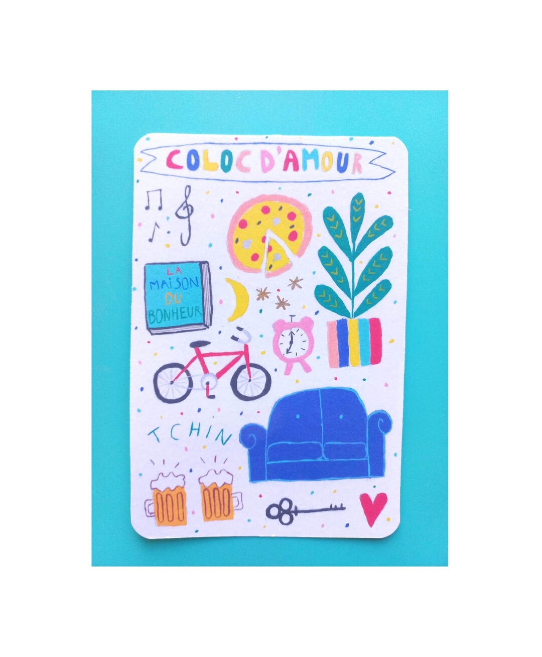 Colorful Gouache Roommate Card - Coloc D'amour With Kraft Envelope - Etsy