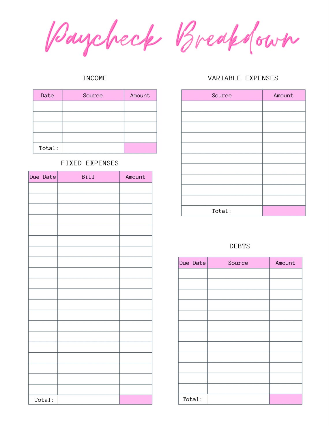 Paycheck Breakdown Template, Digital Download, Budget Planner, Paycheck ...