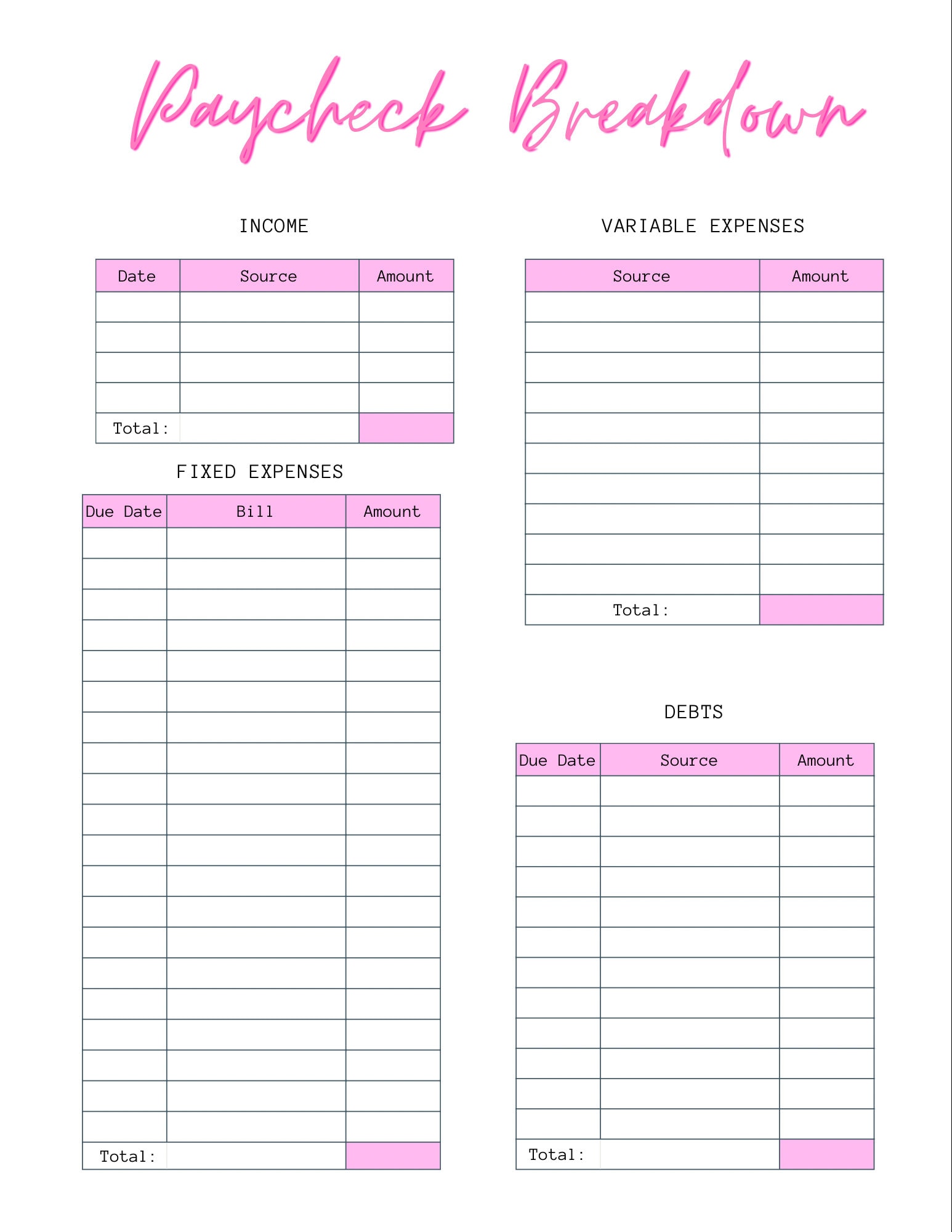 Paycheck Breakdown Template, Digital Download, Budget Planner, Paycheck ...