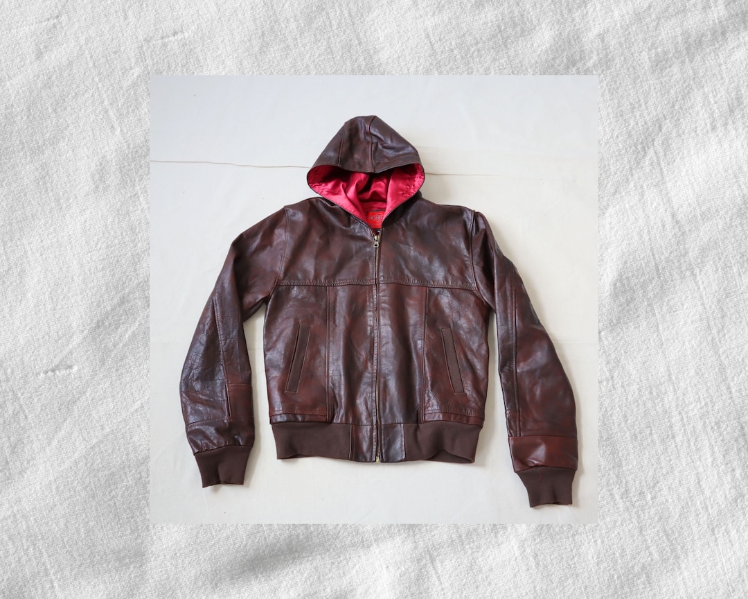Ark Reworked Vintage Brown Leather Hooded Bomber Jacket - Etsy