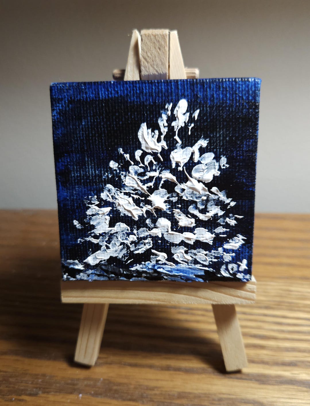 Snowy Evergreen at Night (miniature Acrylic Painting With Easel) - Etsy