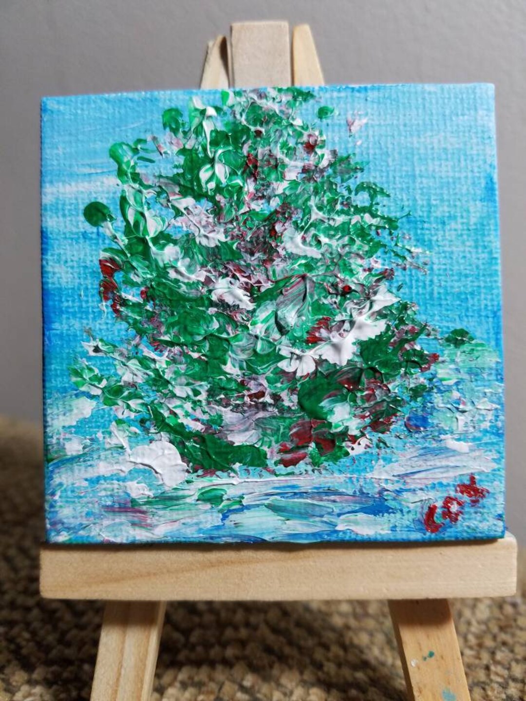Tree With Garland (miniature Acrylic Painting With Easel) - Etsy