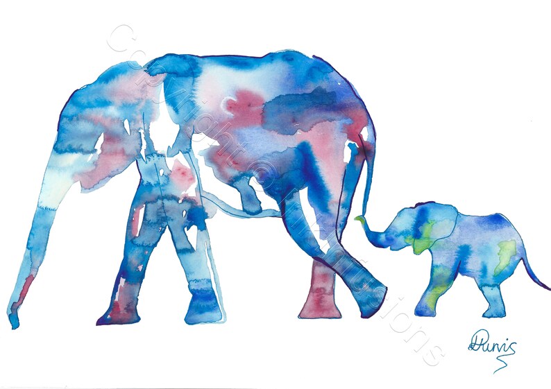 Baby Elephant Art Mother Baby Elephant Watercolor Painting - Etsy