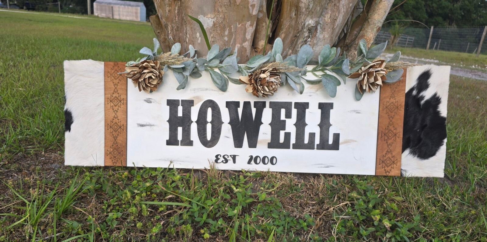 Personalized Cowhide Family Name Sign, Established Year - Etsy