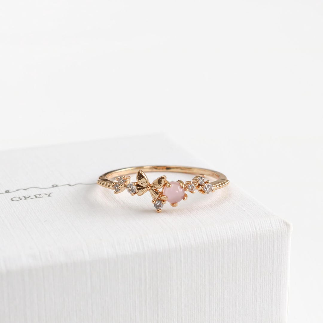 DARLING BOW RING, Delicate Bow Ring, Pink Stone, Cute Ring, Trendy ...