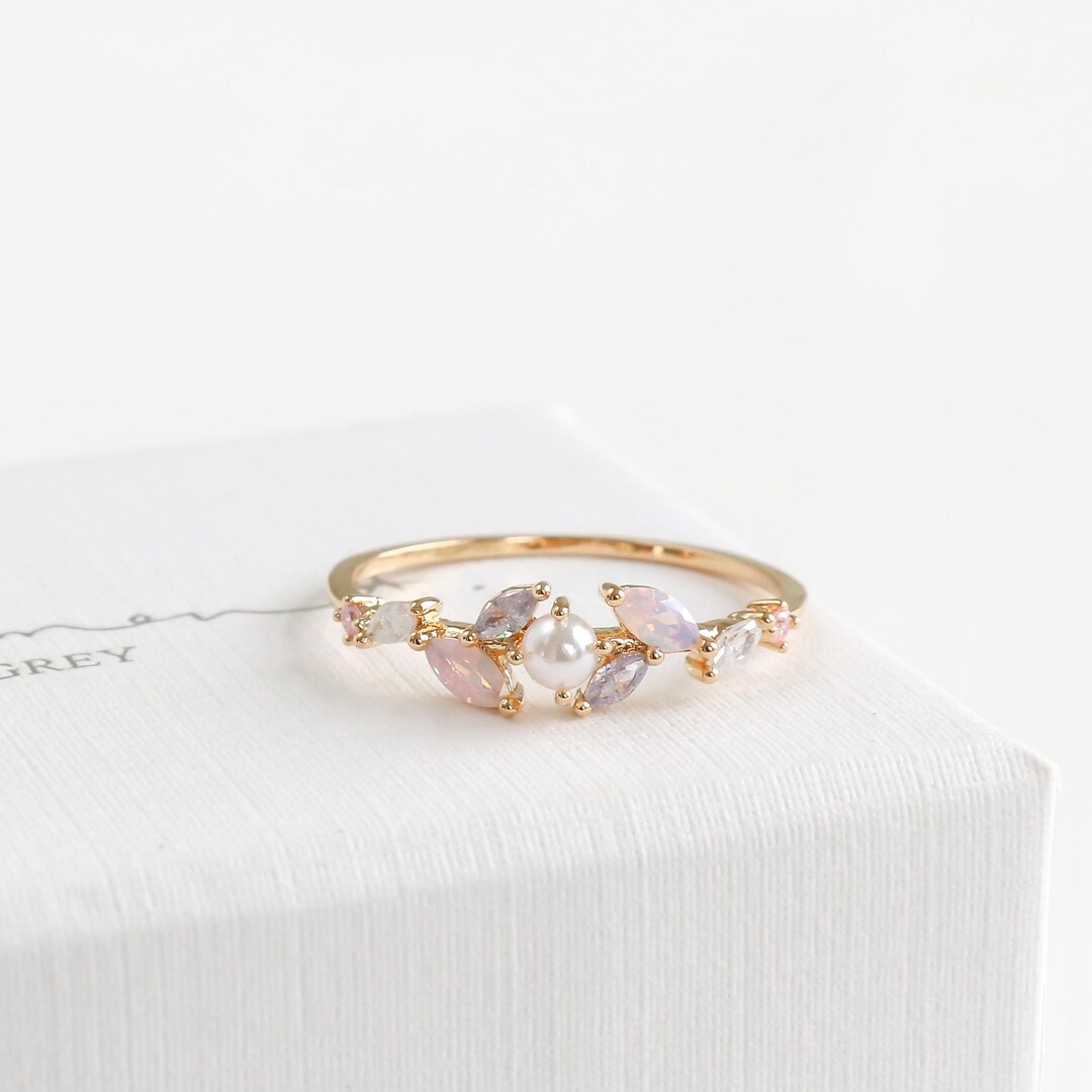 Sakura Pearl Ring, Minimalist Ring, Crystal Ring, Stackable Ring, Pink ...