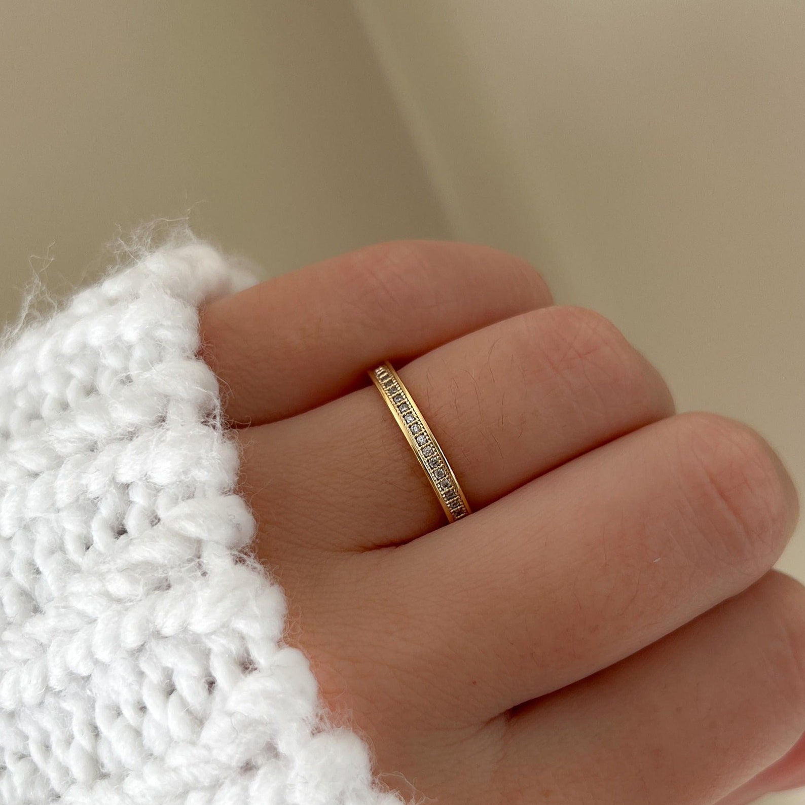 Bordered Pave Milgrain Eternity Ring, Gold Eternity Band, Gold Ring, Dainty Ring, Stackable Ring ...