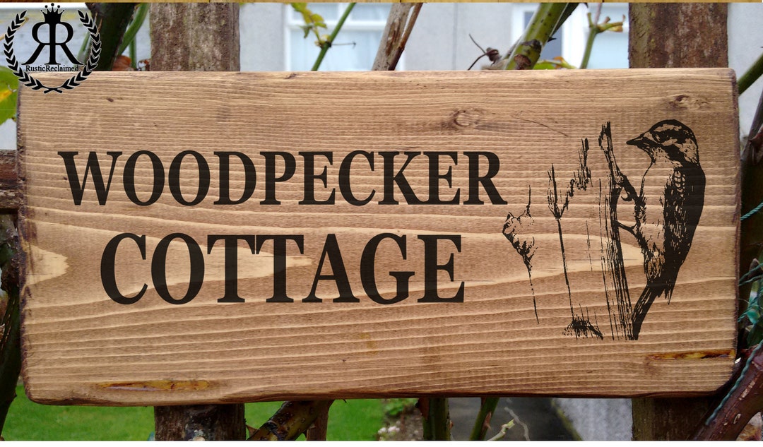 Personalised Woodpecker Bird Signs House Name Plaque Solid Wood Porch ...