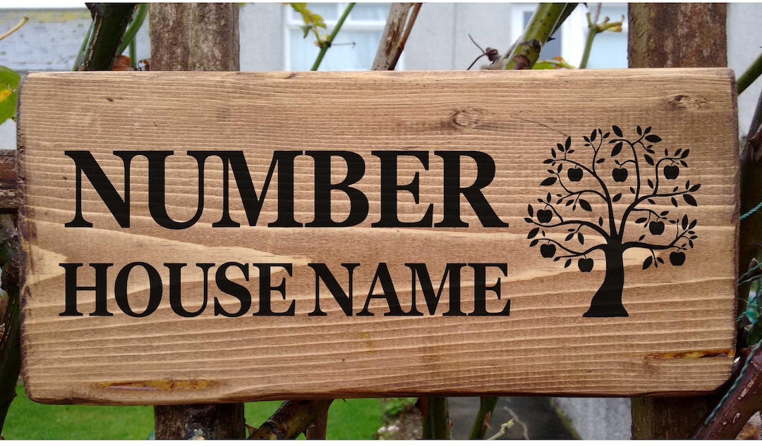 Personalised Wooden House Apple Tree Name Plaque Signs Solid Wood Porch ...