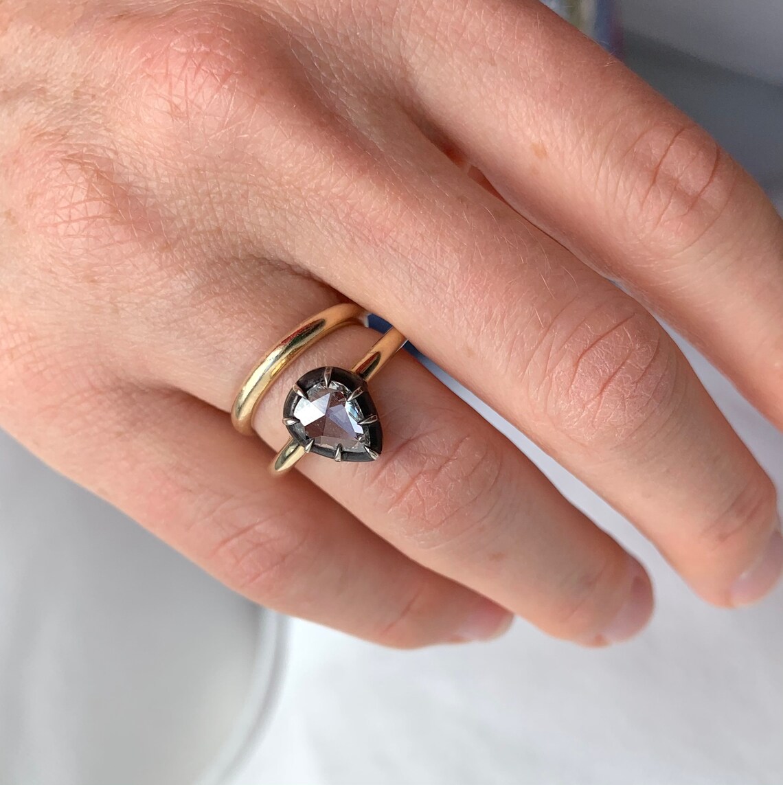 Tear Drop Rose Cut Diamond Collet Set Ring in 14k Yellow Gold | Etsy