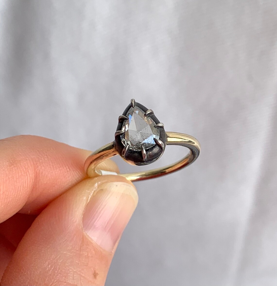 Tear Drop Rose Cut Diamond Collet Set Ring in 14k Yellow Gold | Etsy