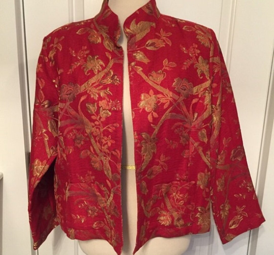 Chico's Red Metallic Flowered Woman's Open Jacket Size 2 - Etsy