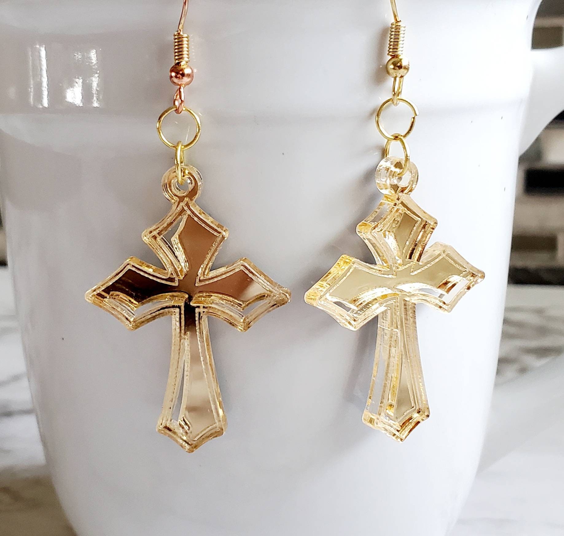 Laser Cut Cross Earrings on Mirror Gold Acrylic - Etsy UK