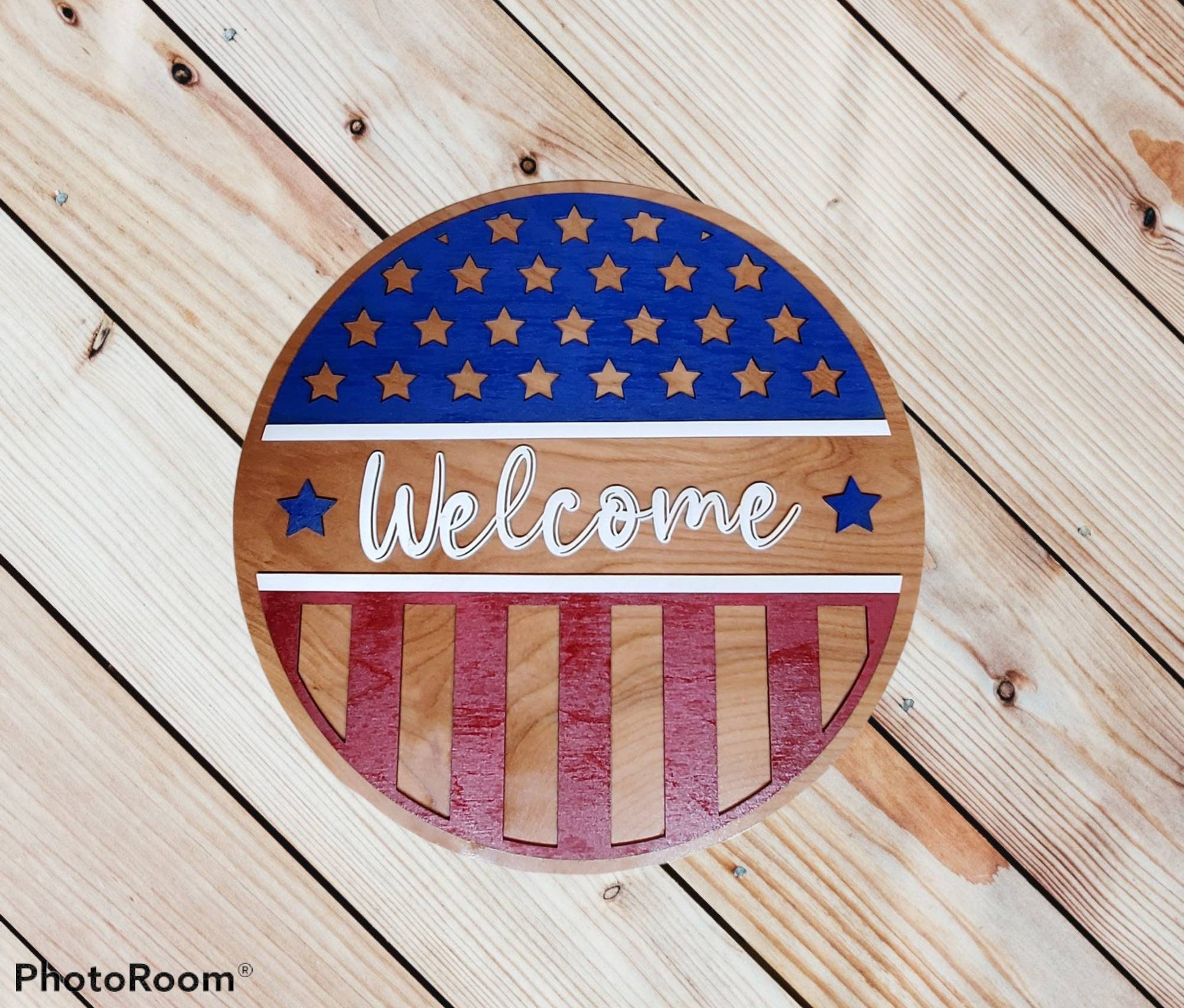 Patriotic Welcome Sign, Flag, Stars, Stripes, USA, United States, Laser ...
