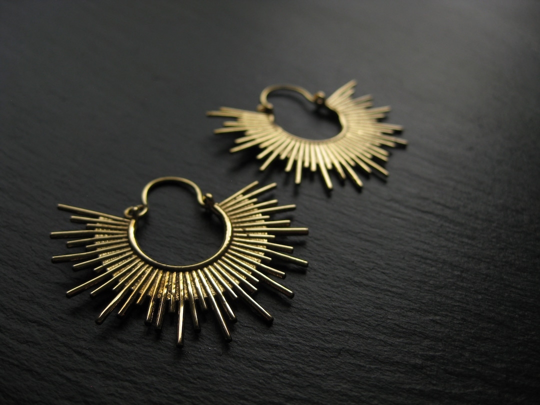 Brass Sunshine Hoop Earrings . Sun Earrings . Sunburst Hoops ...