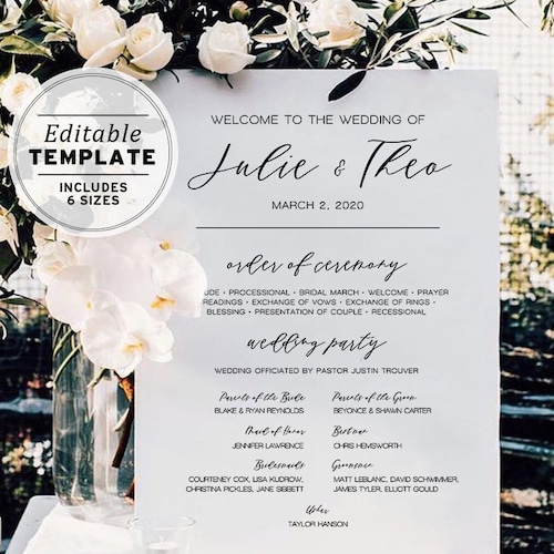 Classic Wedding Order of Ceremony Sign EDITABLE TEMPLATE - Etsy