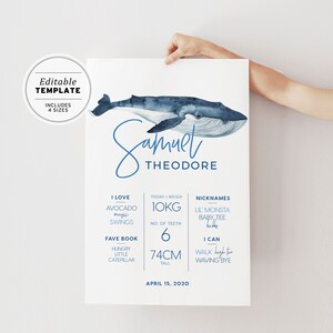 Whale Watercolor Birthday Milestone Poster | PRINTABLE EDITABLE ...