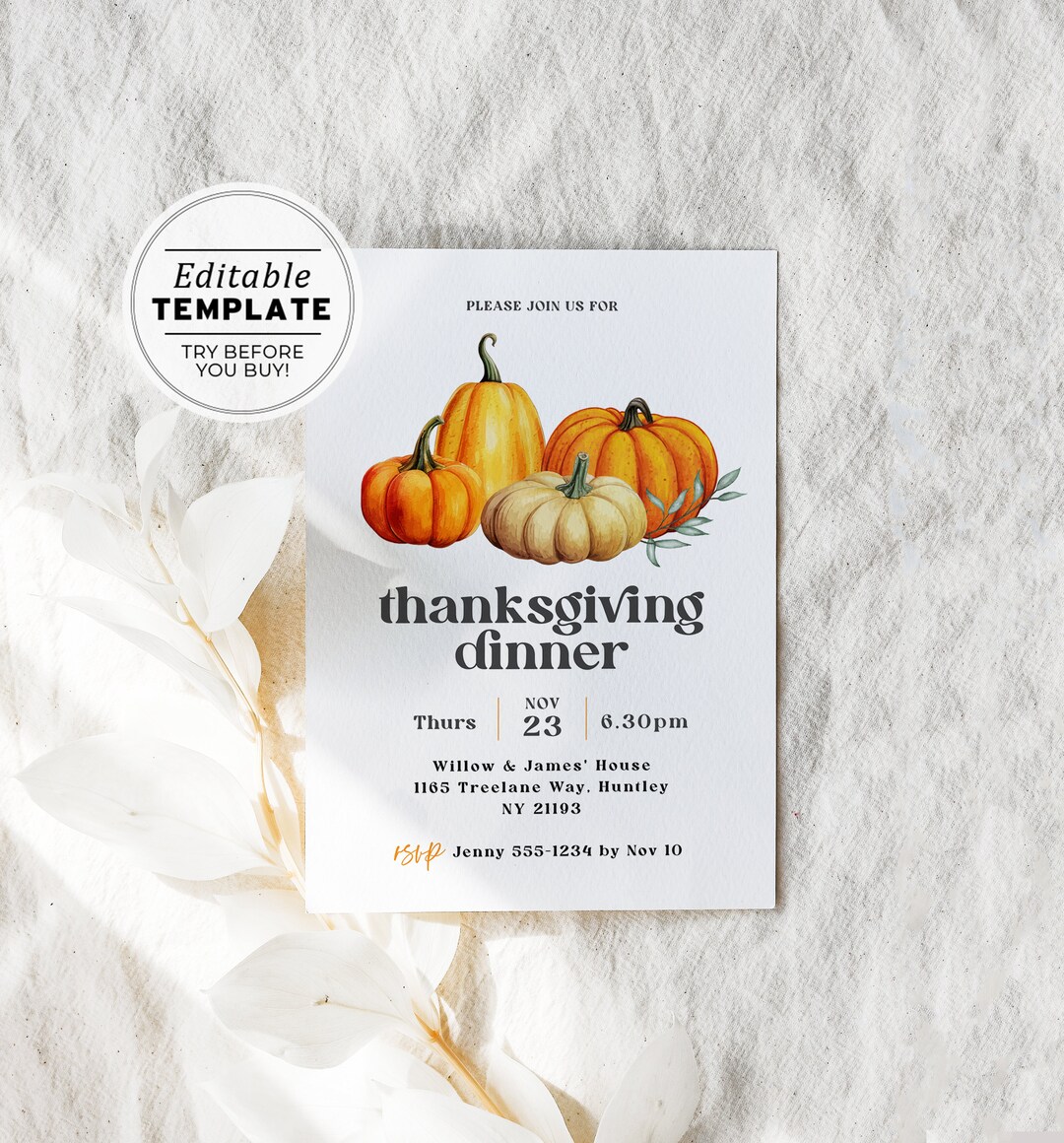 Editable Thanksgiving Dinner Party Invitation, Give Thanks Eat Pie ...