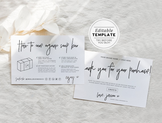 Soap Bar Care and Thank You Card With Icons Thank You Package - Etsy