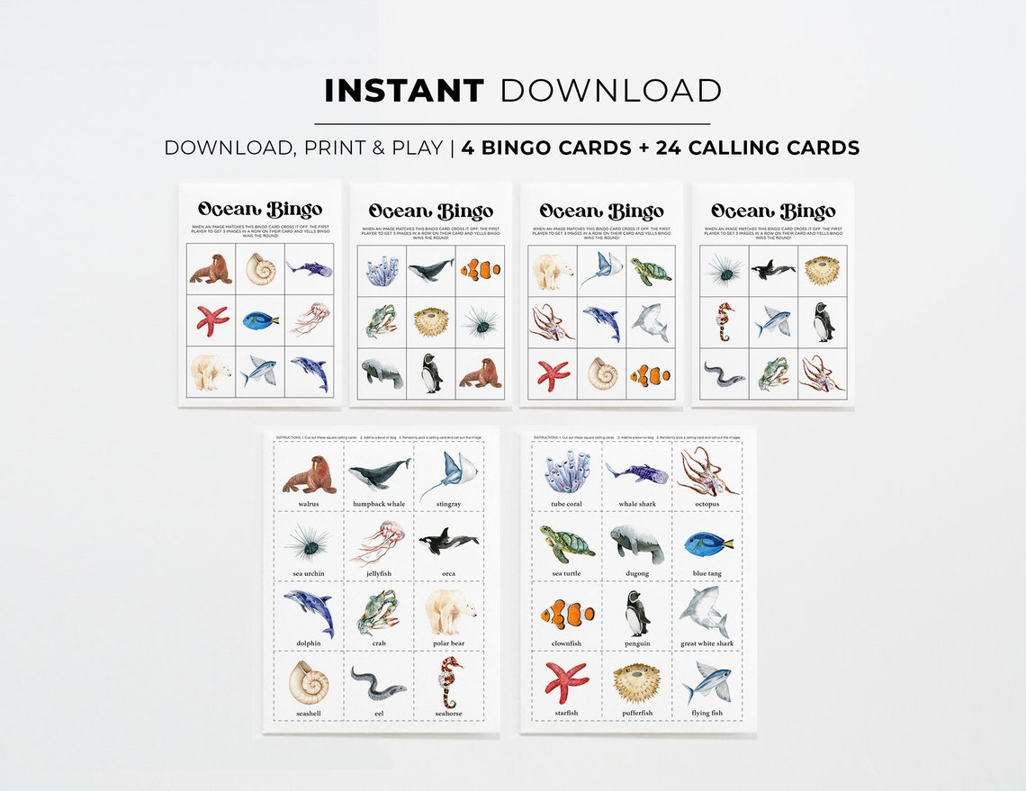 Ocean Animal Bingo Kids Party Game, Printable Birthday Party Game ...