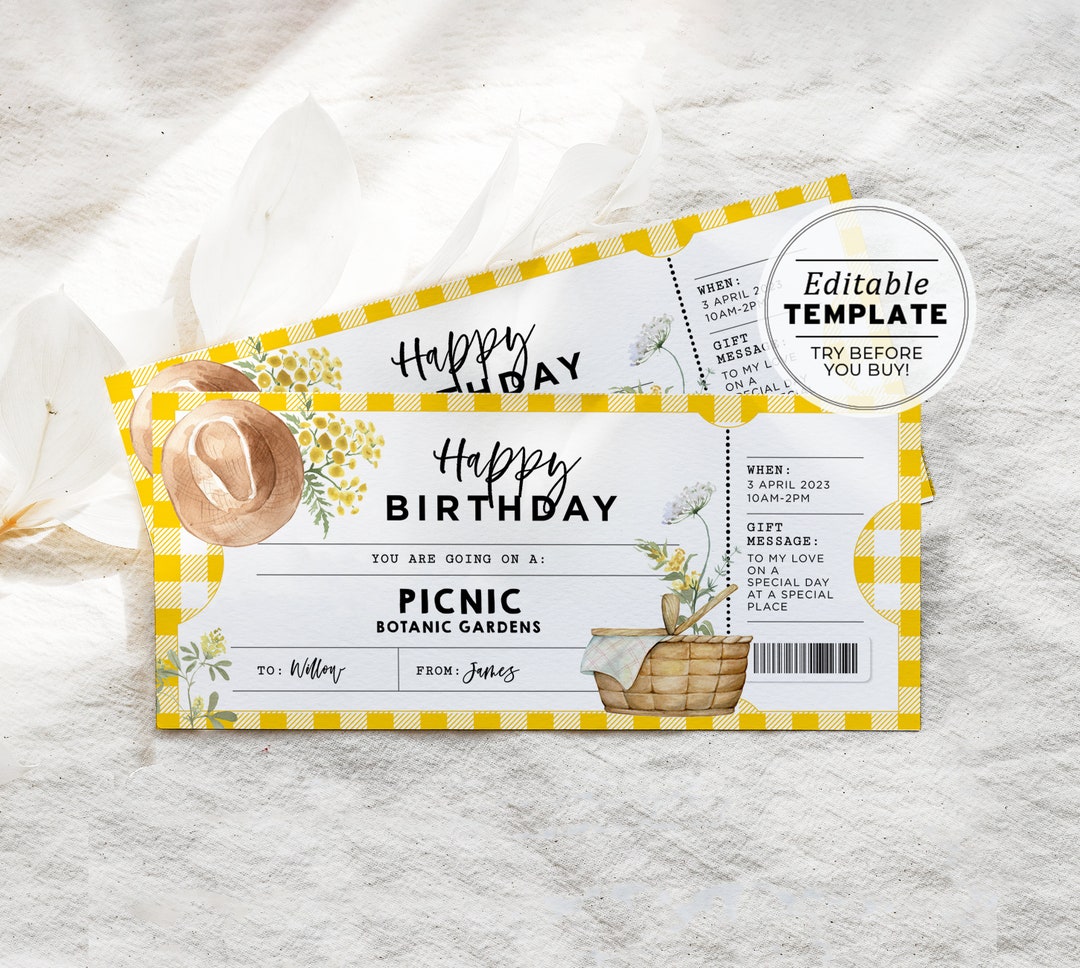 Picnic Birthday Gift Ticket Template, Party Invitation, Surprise Gift ...