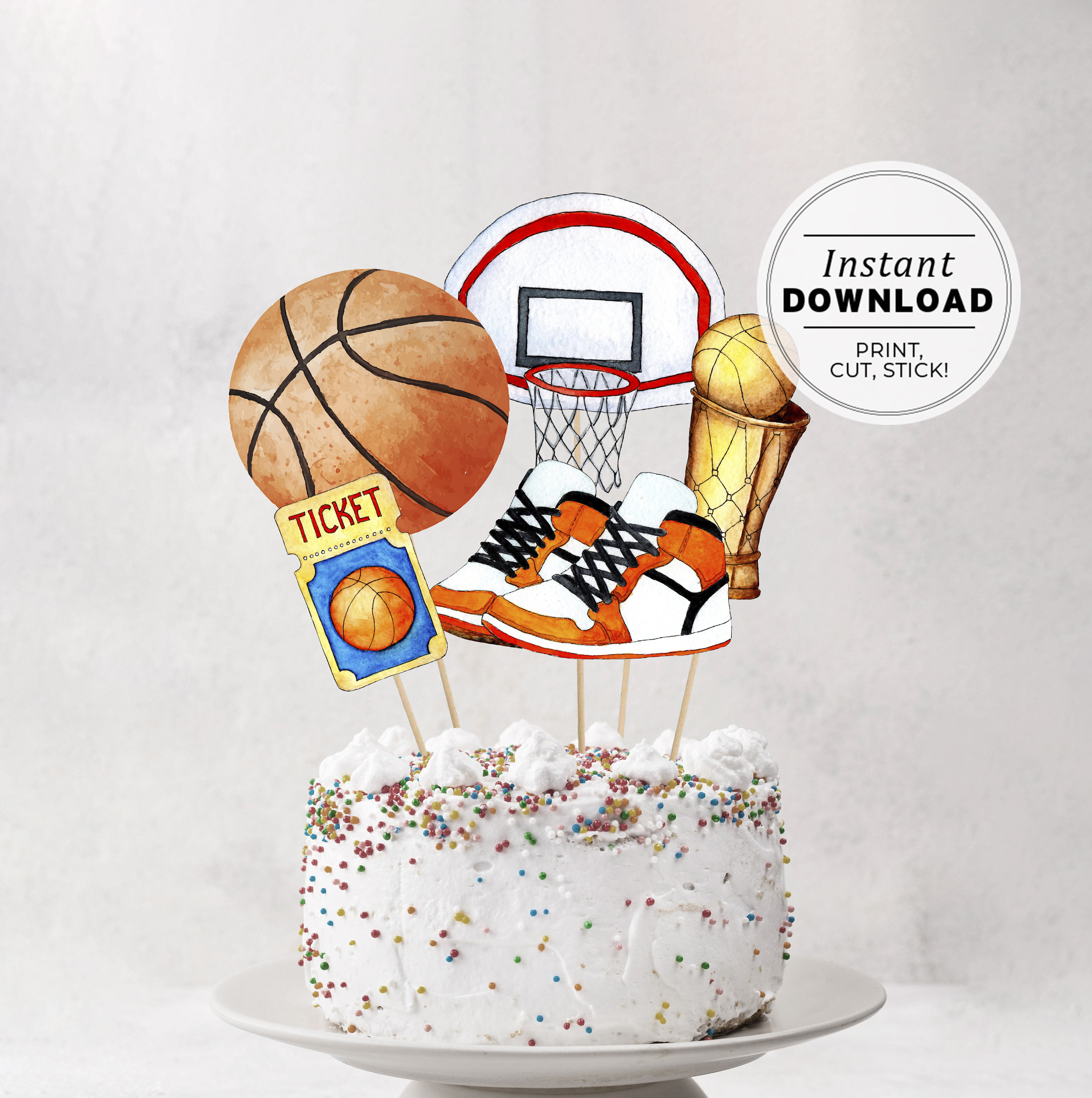 Printable Basketball Cake Topper, Watercolor Basketball Centerpieces ...