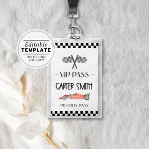 Red Race Car VIP Crew Pit Badge, Crew Pit Pass, Party Name Tags, Racing ...