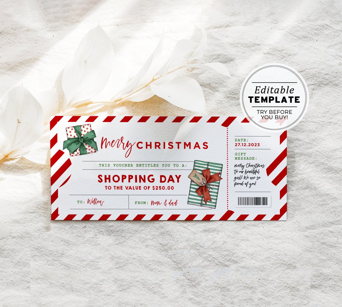 Printable Shopping Spree Christmas Gift Voucher, Shopping Day Gift ...