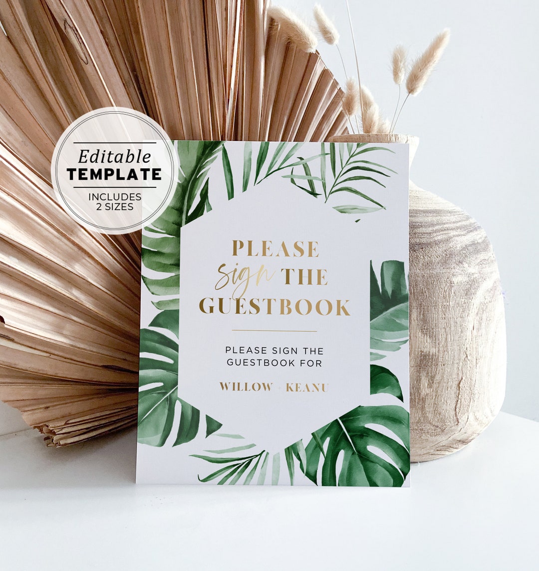 Tui Tropical Leaf & Gold Guestbook Sign, Editable Template, Printable ...