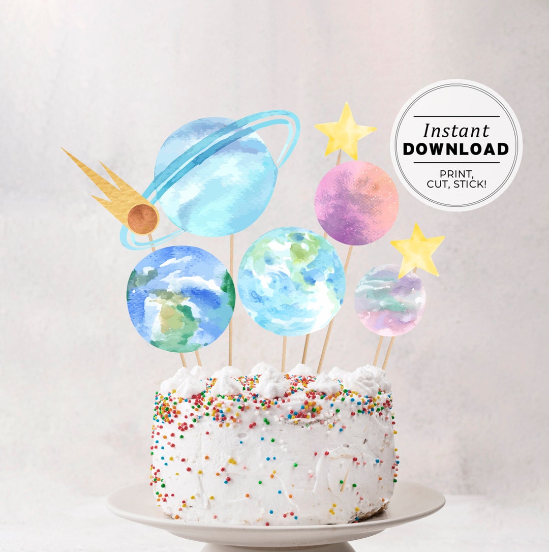 Mini Galaxy Cake Topper, Watercolor Space Centerpieces, Space Birthday ...