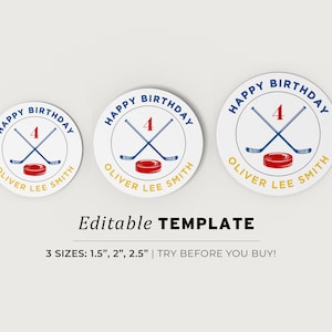 Minimalist Hockey Themed Round Sticker, Birthday Party Favor Sticker ...