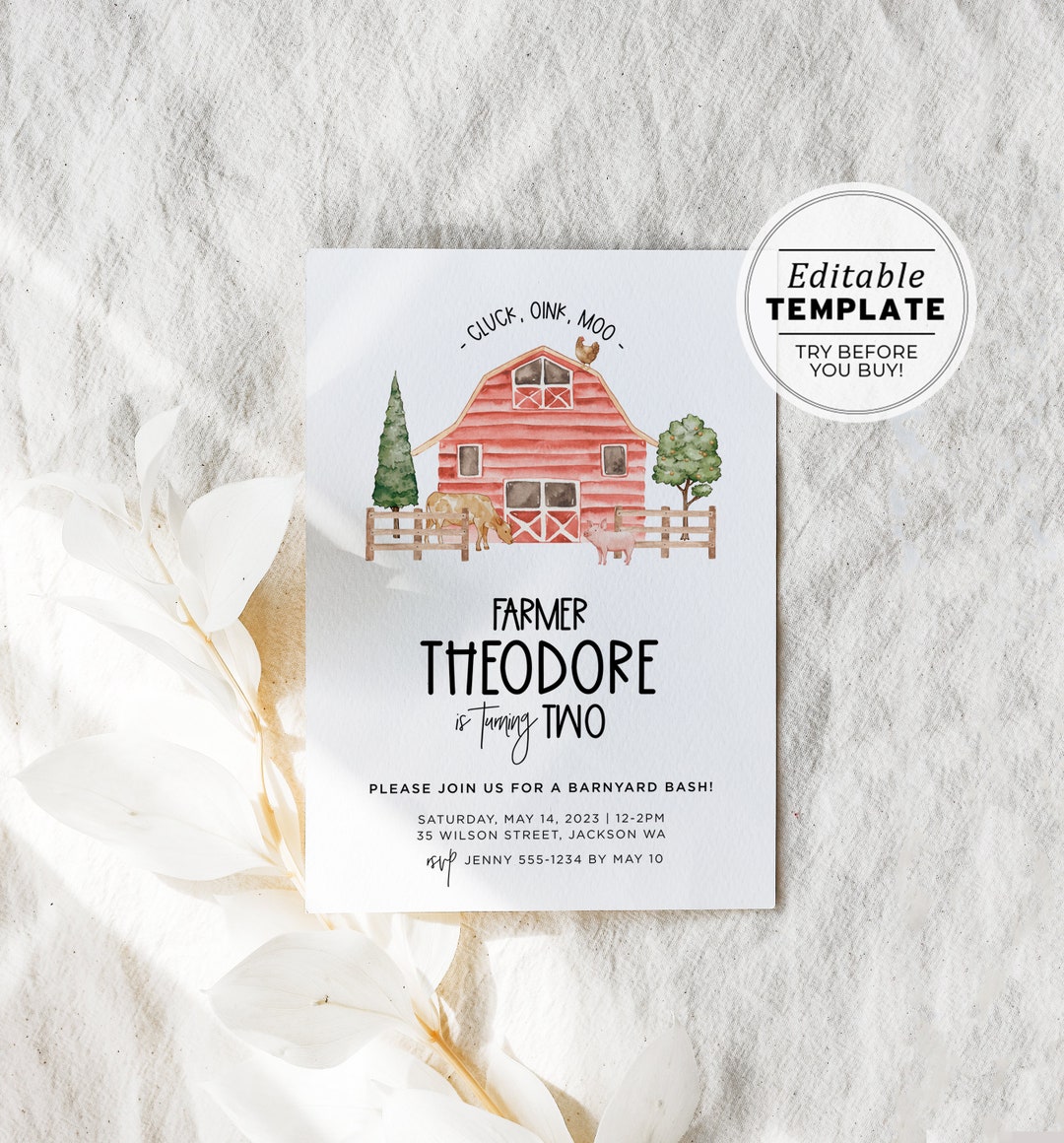 Editable Watercolor Farm Birthday Invite, Barnyard Party Invitation ...