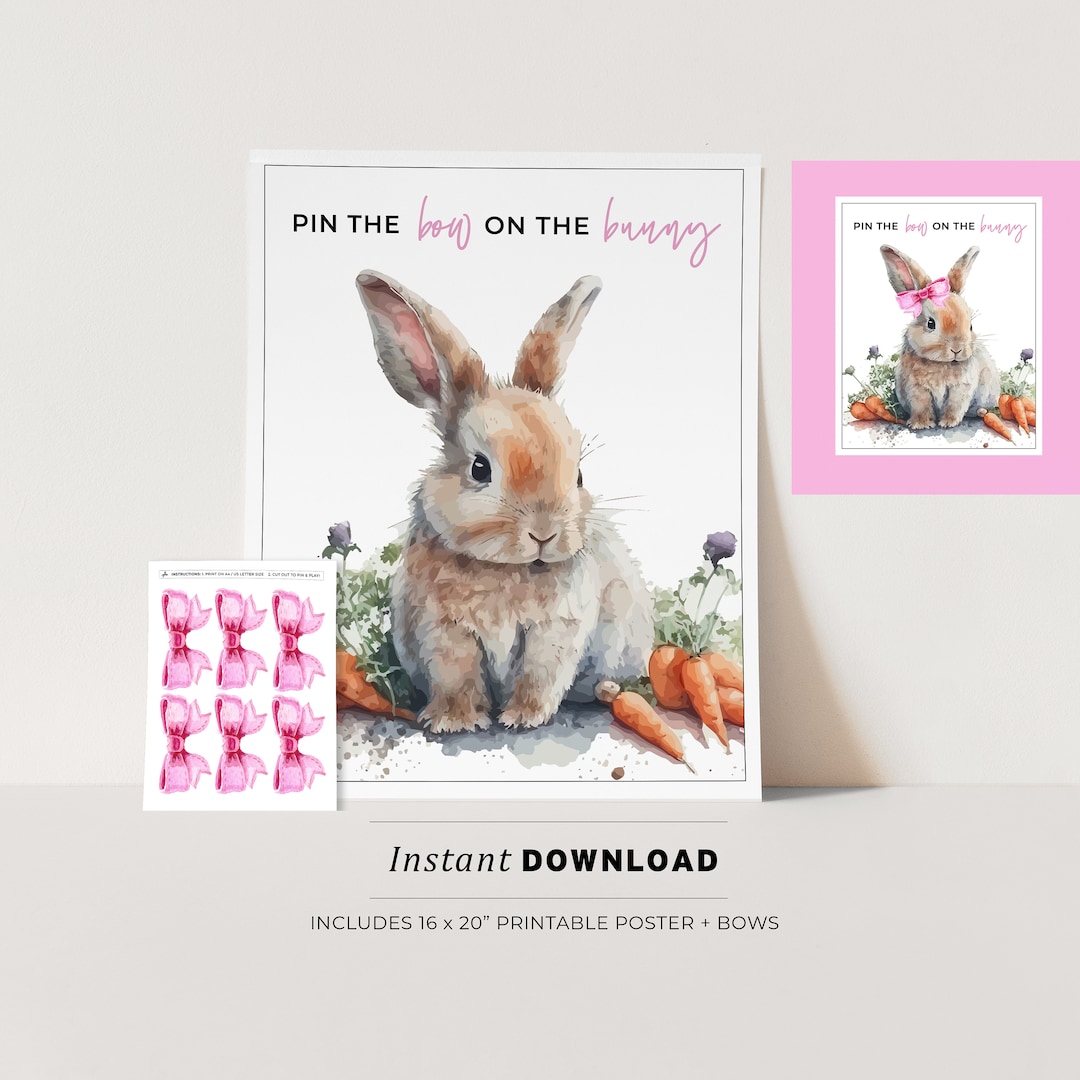 Pink Bow Bunny Party Game, Pin the Bow on the Bunny Printable Poster ...