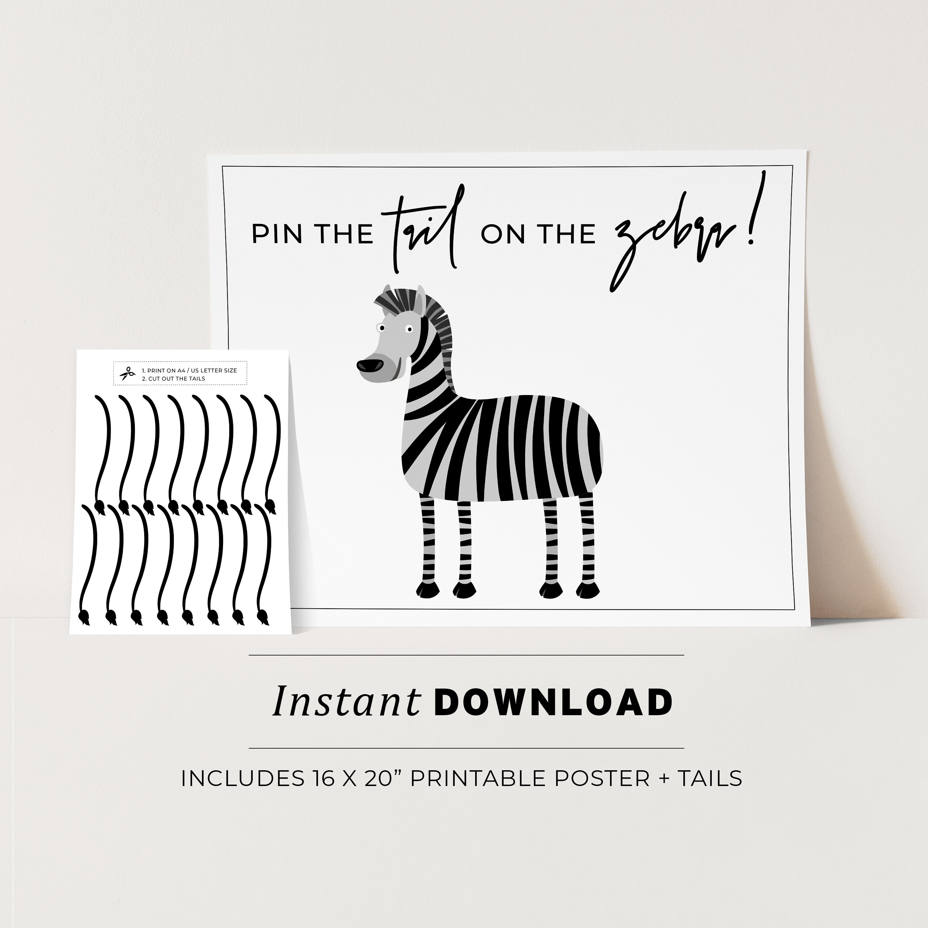Pin the Tail on the Zebra Kids Party Game Printable Poster, Birthday ...