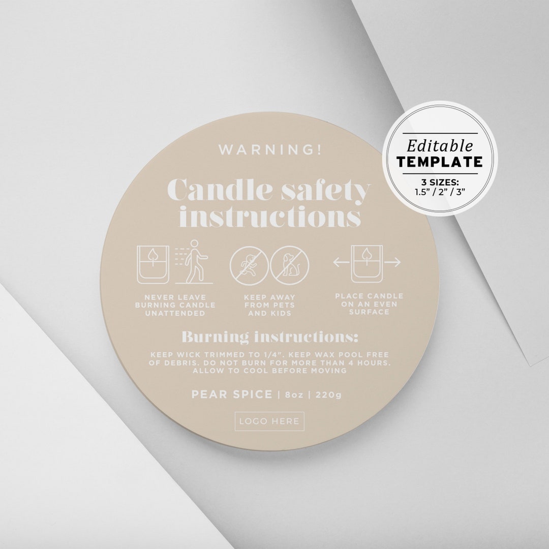 Candle Warning Label Template, Printable Candle Safety Sticker, Sizes ...