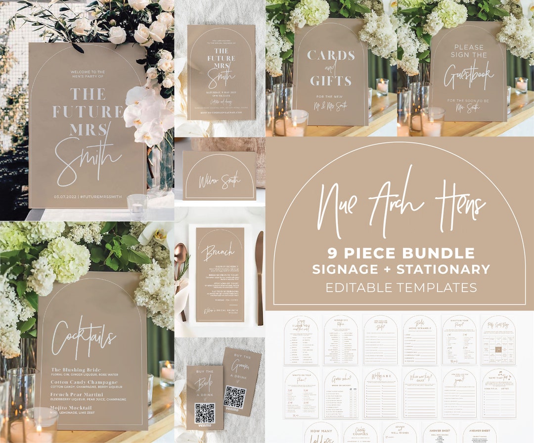 Nue Arch Bridal Shower Bundle Template, 9 Piece Set, Large Hens Party ...