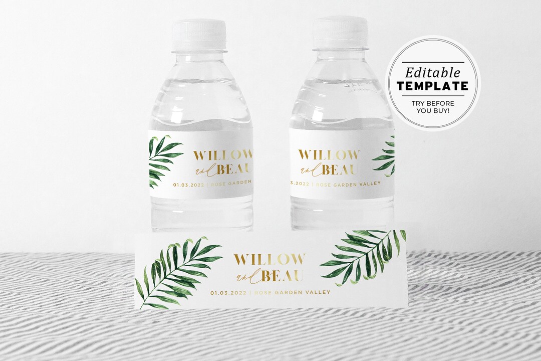Tui Tropical Leaf & Gold Water Bottle Label | EDITABLE TEMPLATE #042 - Etsy