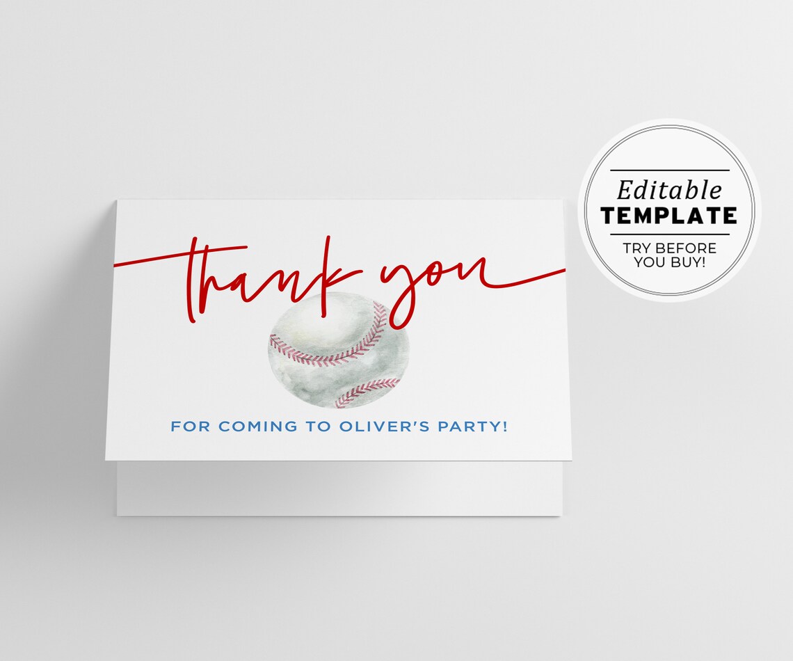 Minimalist Baseball Theme Thank You Card, Printable | EDITABLE TEMPLATE ...
