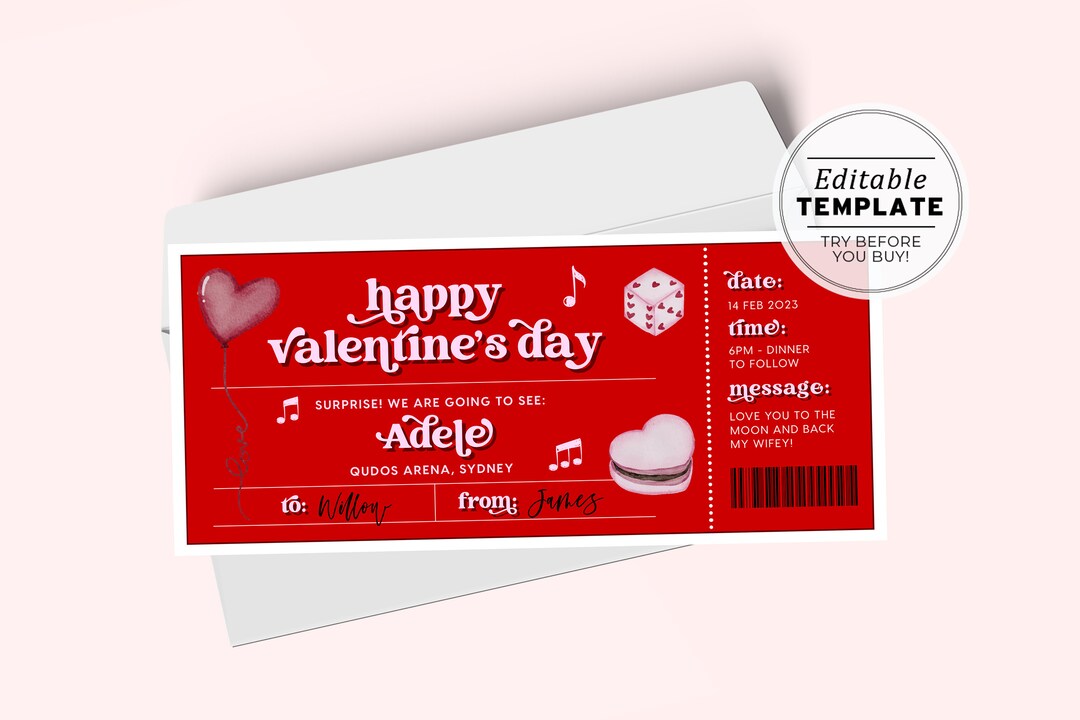 Printable Valentine's Day Gift Ticket Template, Concert Ticket Gift ...