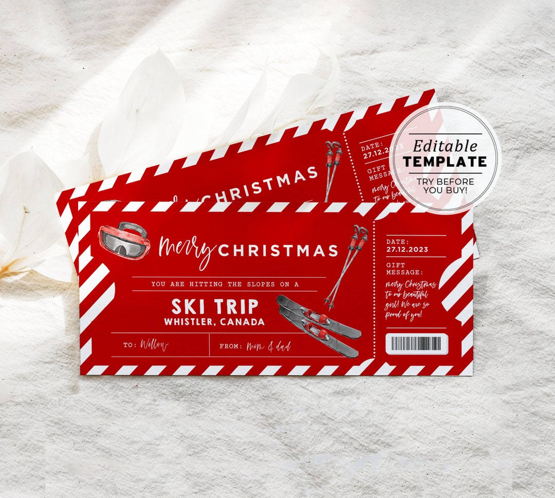 Printable Ski Pass Christmas Gift, Ski Trip Gift Voucher, Santa Gift ...