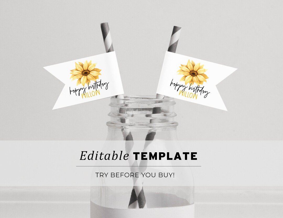 Minimalist Sunflower Printable Straw Topper, Sunflower Straw Flags ...