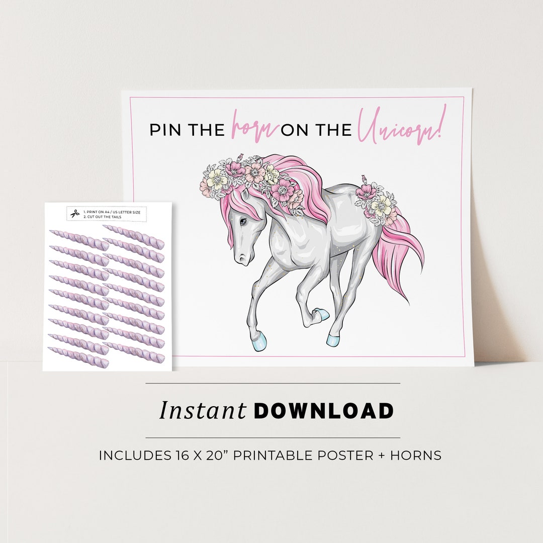 Kids Party Game, Pin the Horn on the Unicorn Printable Poster, Birthday ...