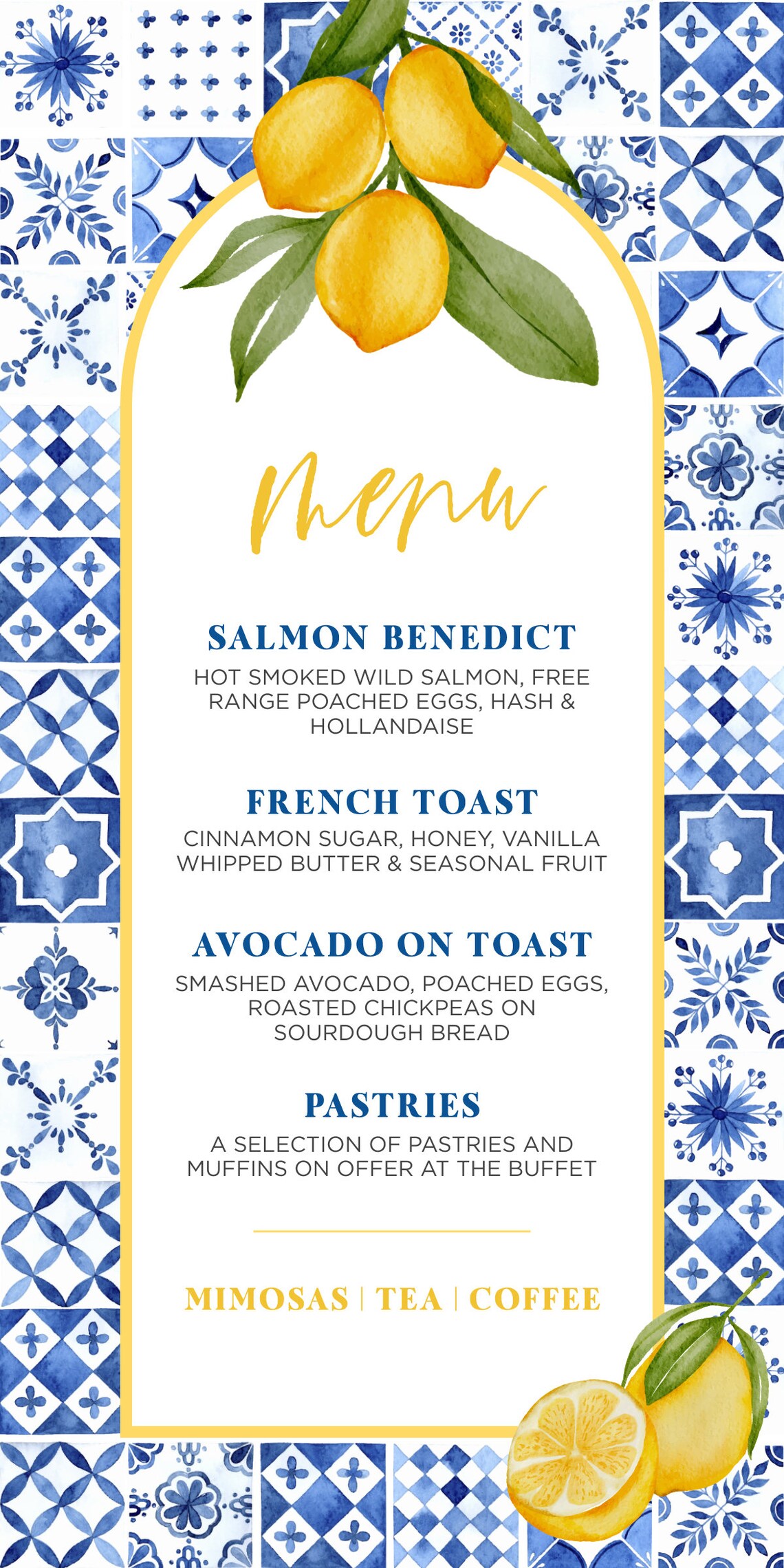 Amalfi Mediterranean Style Bridal Shower Party Menu, Hens Brunch Menu ...