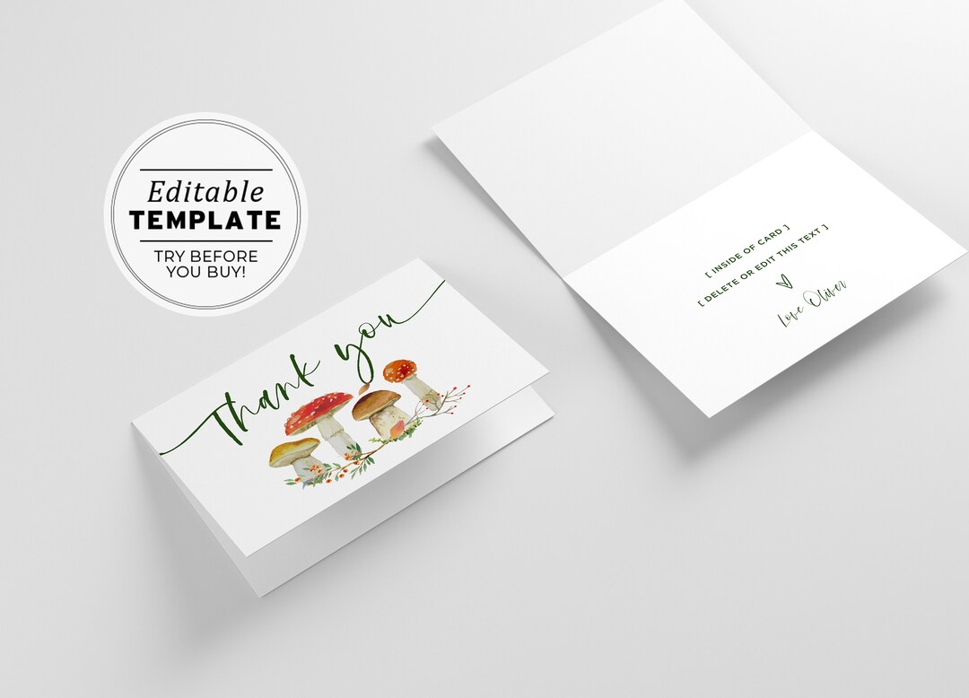 Minimalist Wild Mushroom Thank You Card, Printable | EDITABLE TEMPLATE ...