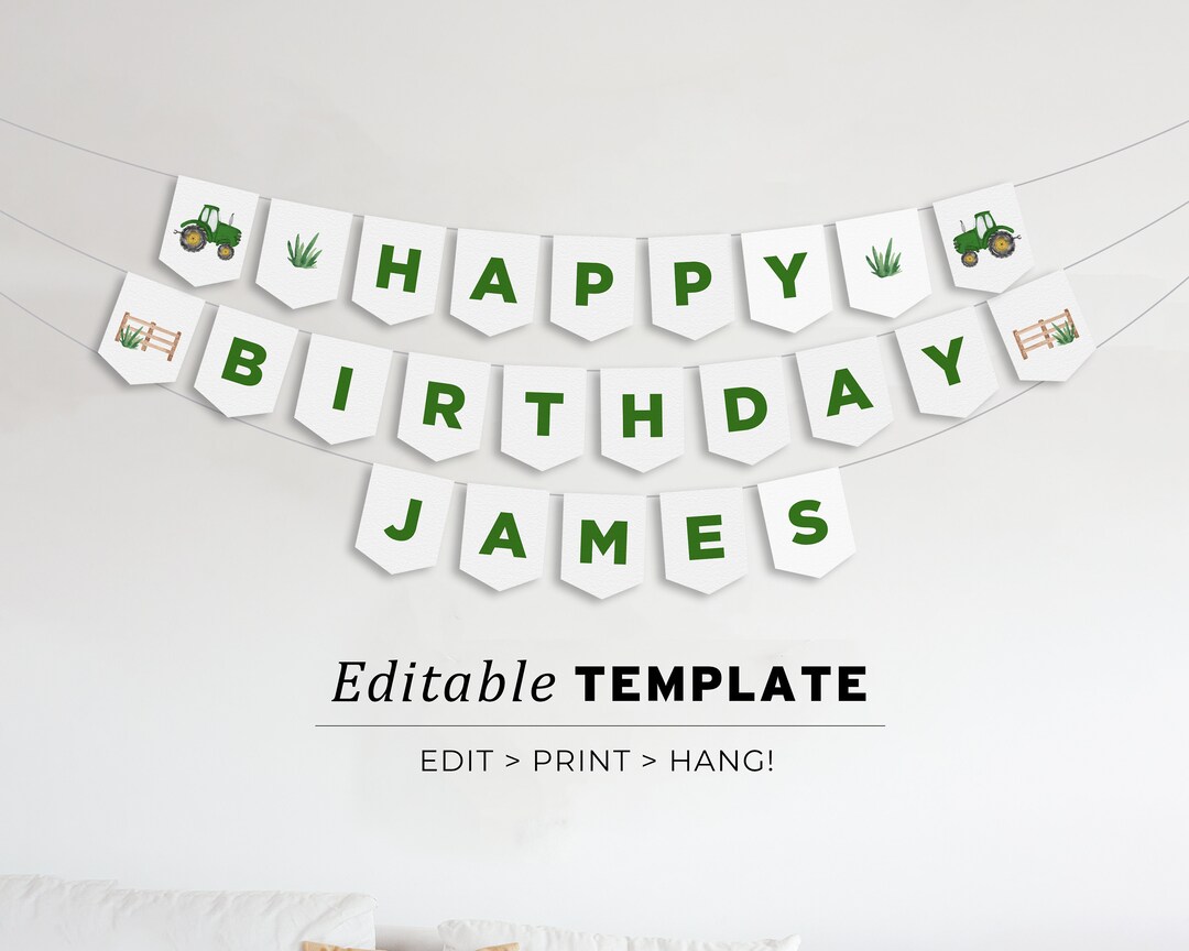 Printable Green Tractor Birthday Banner, Farm Theme Happy Birthday Sign ...